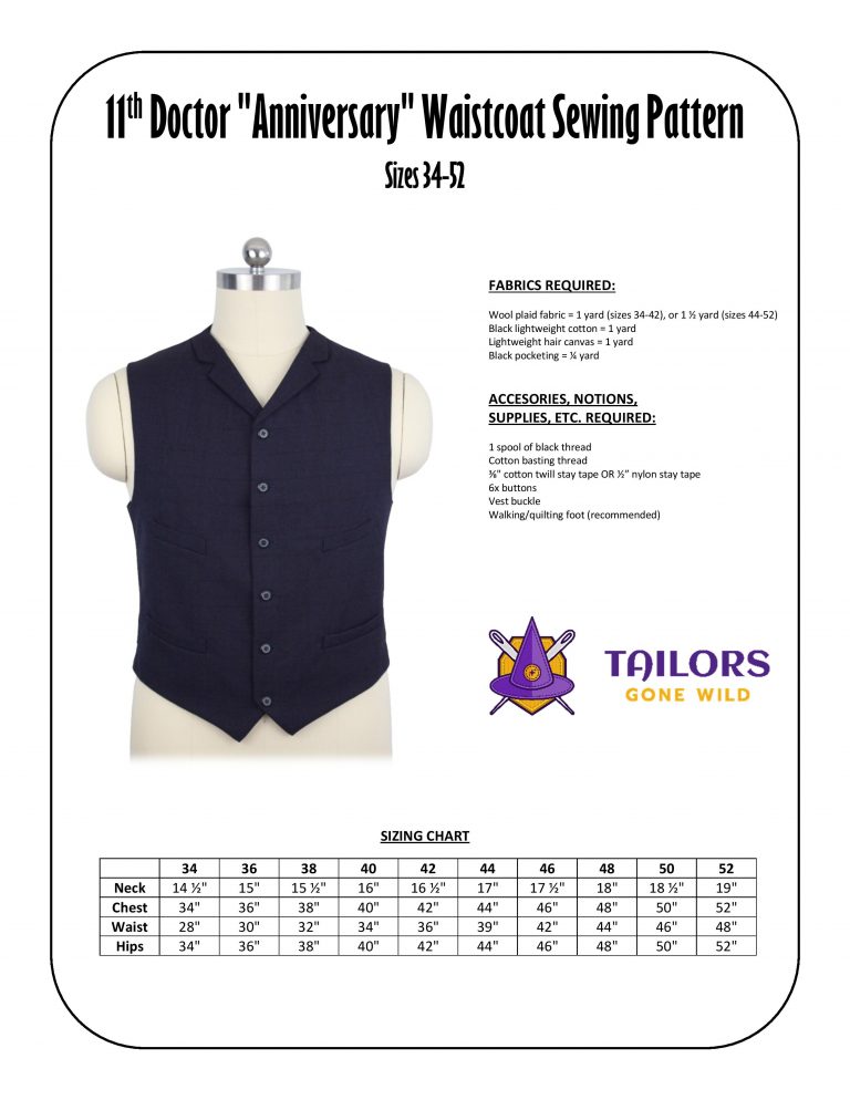 11th Doctor "Anniversary" Waistcoat Sewing Pattern - Tailors Gone Wild
